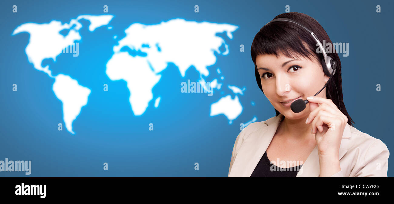 Customer support over the world map Stock Photo - Alamy