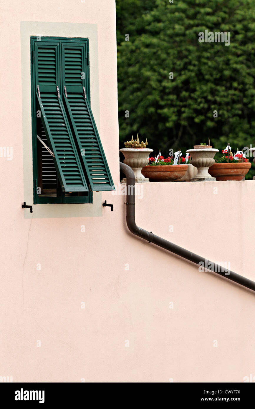 Wood slat window and pot plants on wall, Bibbona Tuscany Italy Stock ...