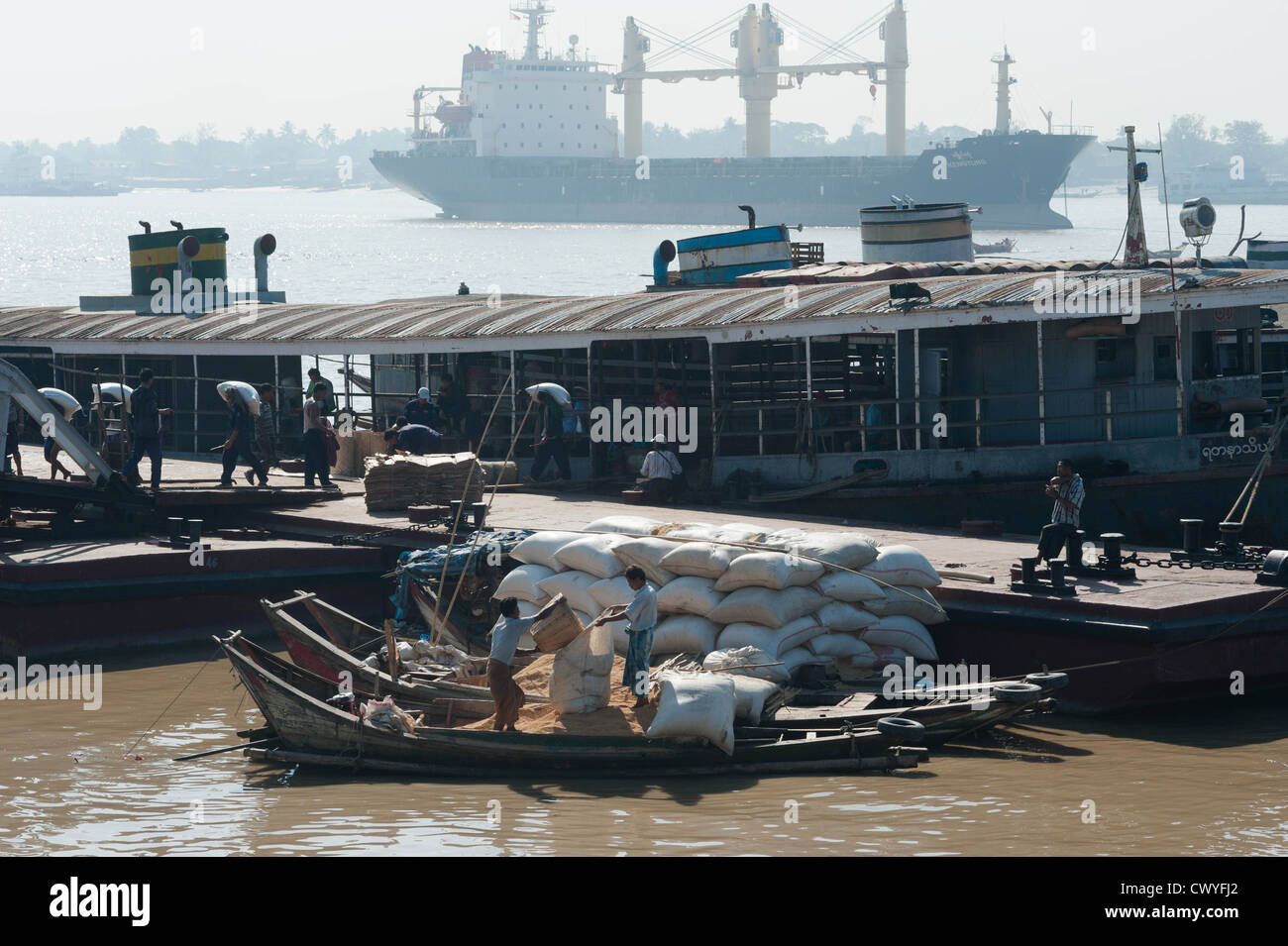 Waterfront activity on the Irrawaddy River, Yangon (Rangoon), Myanmar ...