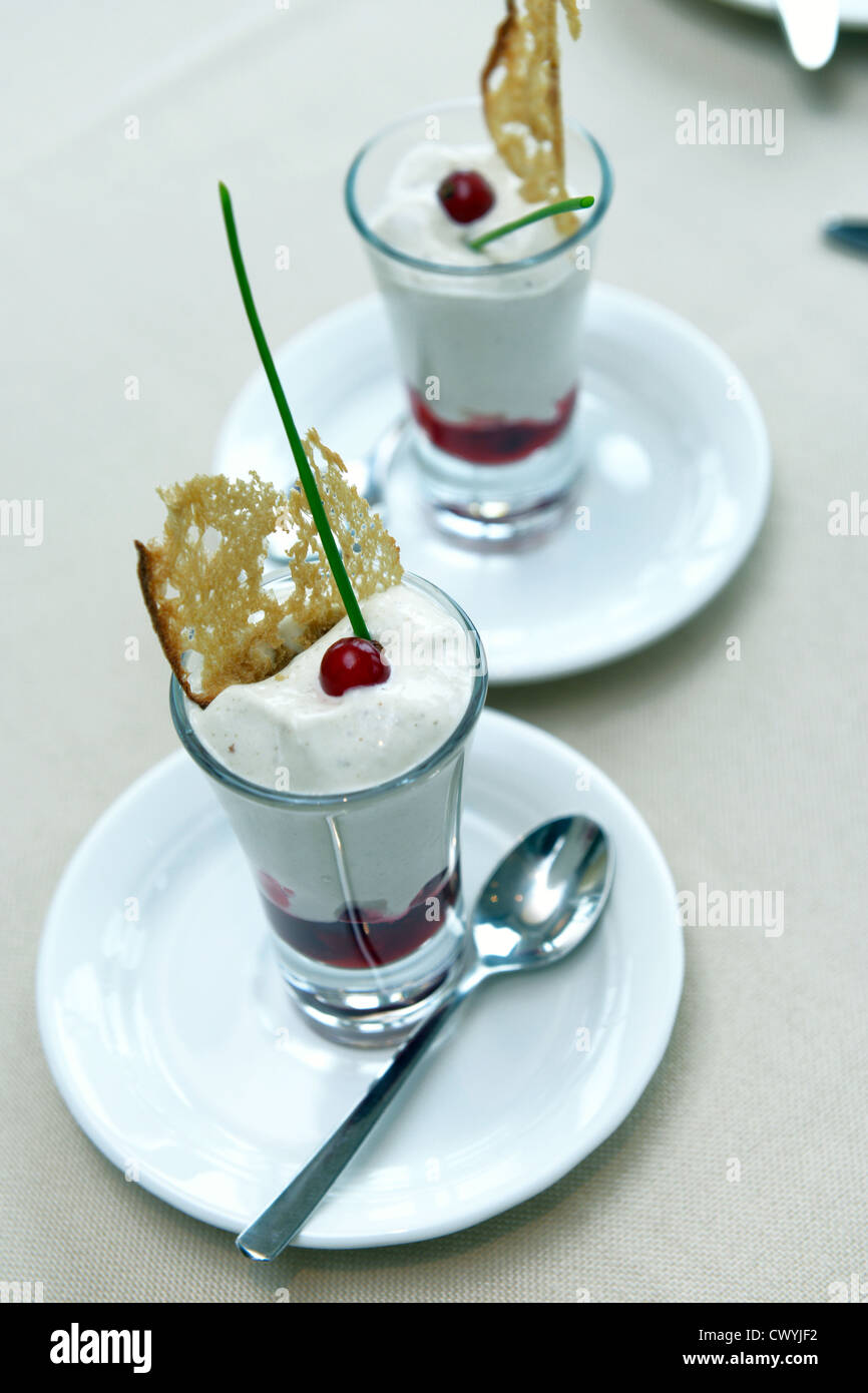 Italian cheese mousse with berry sauce Stock Photo - Alamy