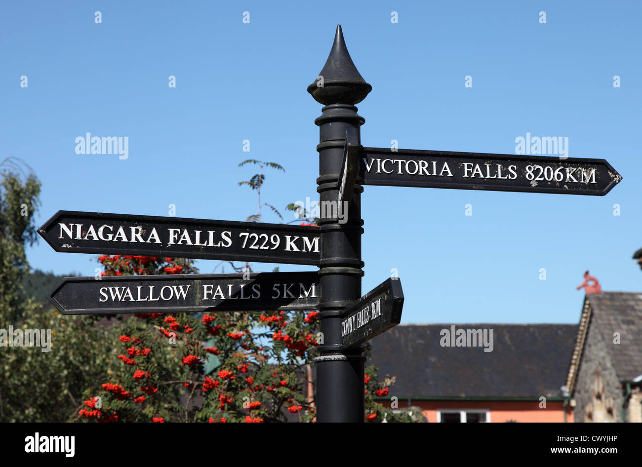 Humorous sign indicating distances to very distant and near waterfalls ...