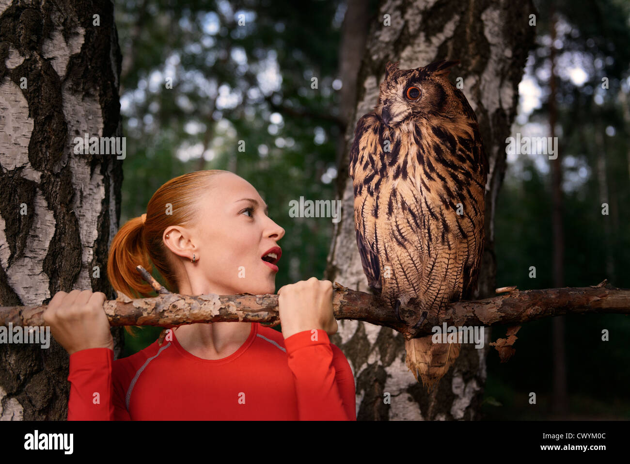 Red woman talking to giant owl in the forest Stock Photo - Alamy