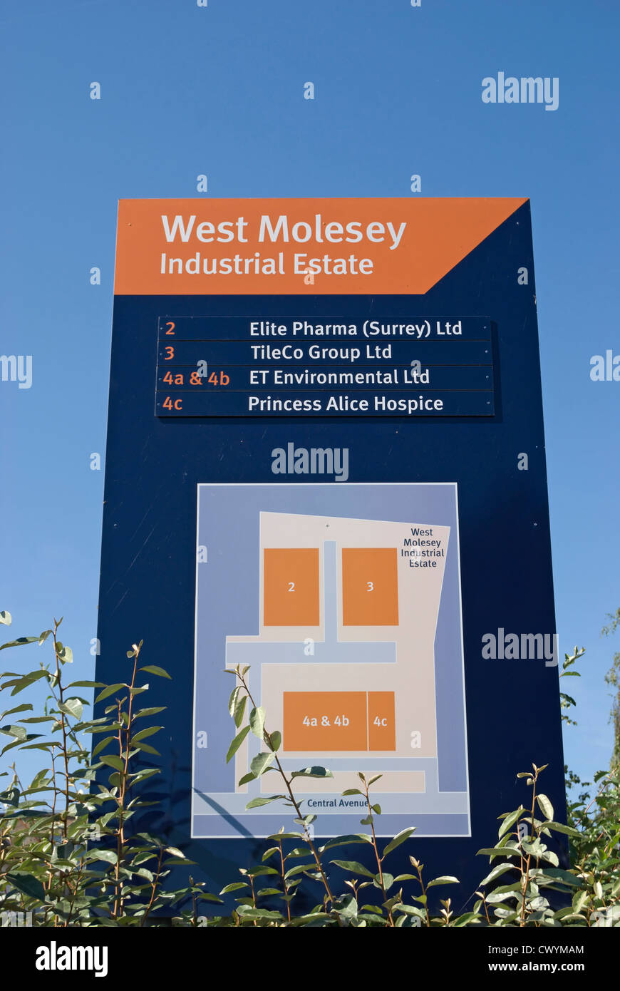 pillar sign for west molesey industrial estate, surrey, england Stock ...
