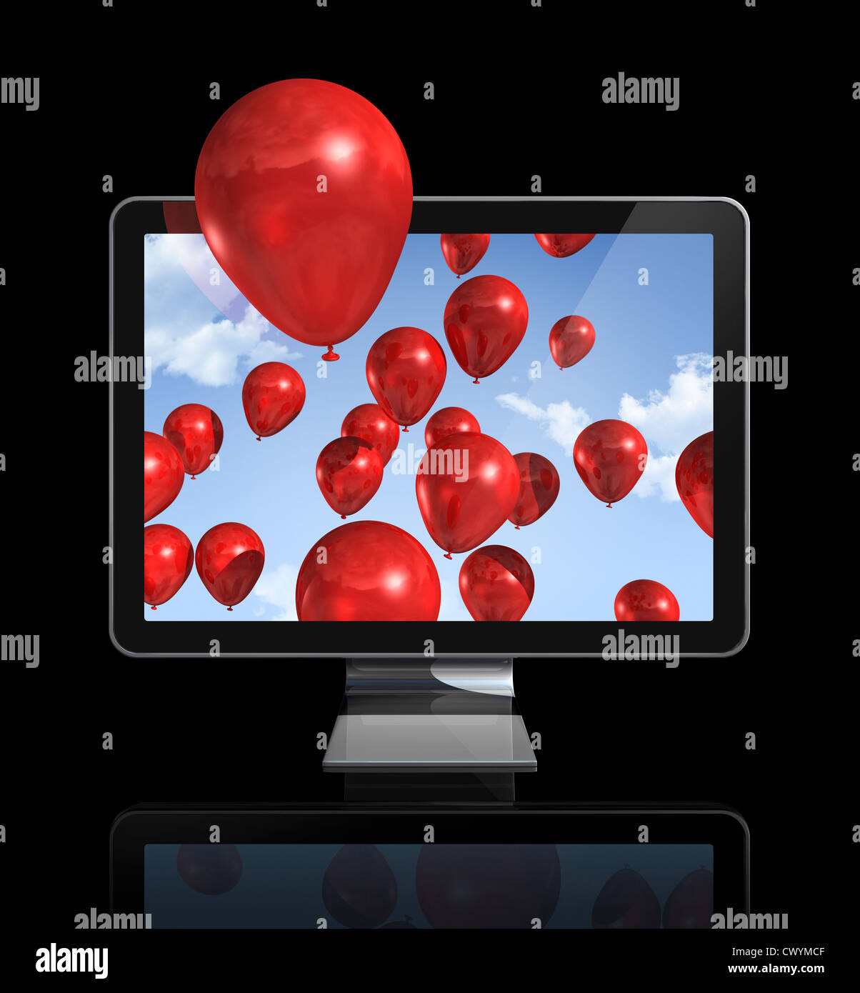 red balloons in a 3D tv screen isolated on black whith clipping path ...