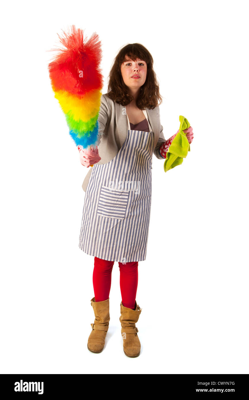 Housewife is cleaning the dust with feather broom Stock Photo - Alamy