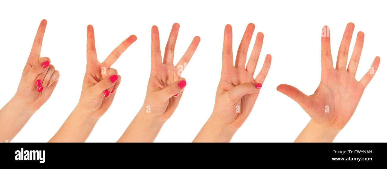 Woman is counting with fingers from one to five Stock Photo - Alamy