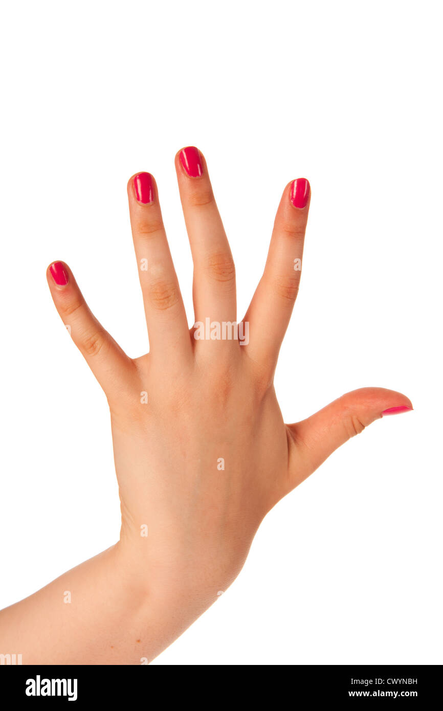 Female left hand with nail polish isolated over white background Stock ...