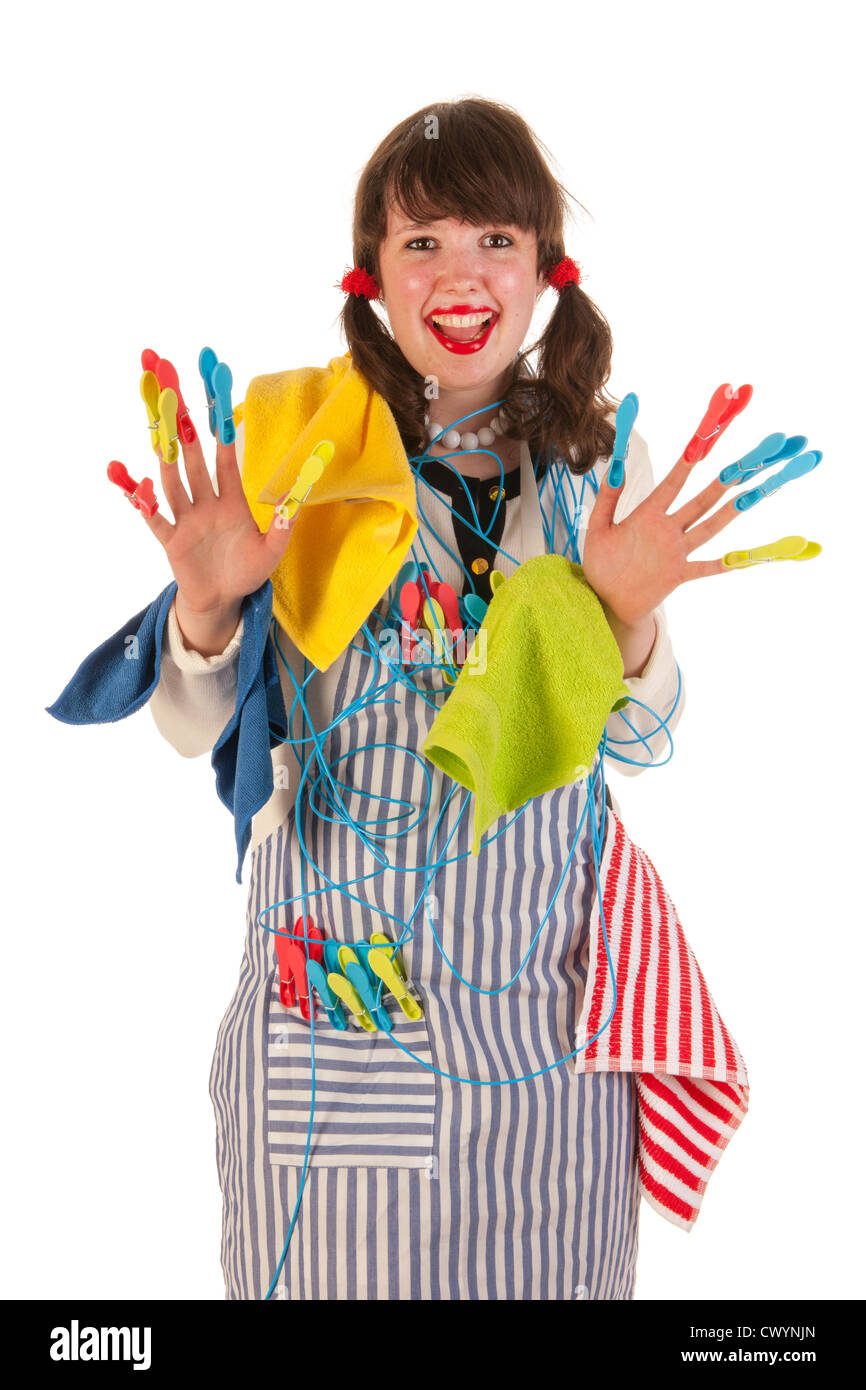 Young woman with clothes pins and line Stock Photo - Alamy