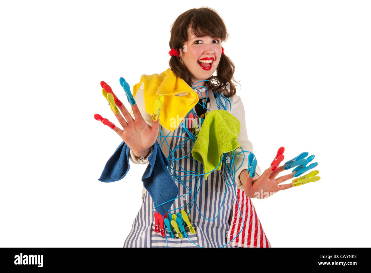 Young woman with clothes pins and line Stock Photo - Alamy