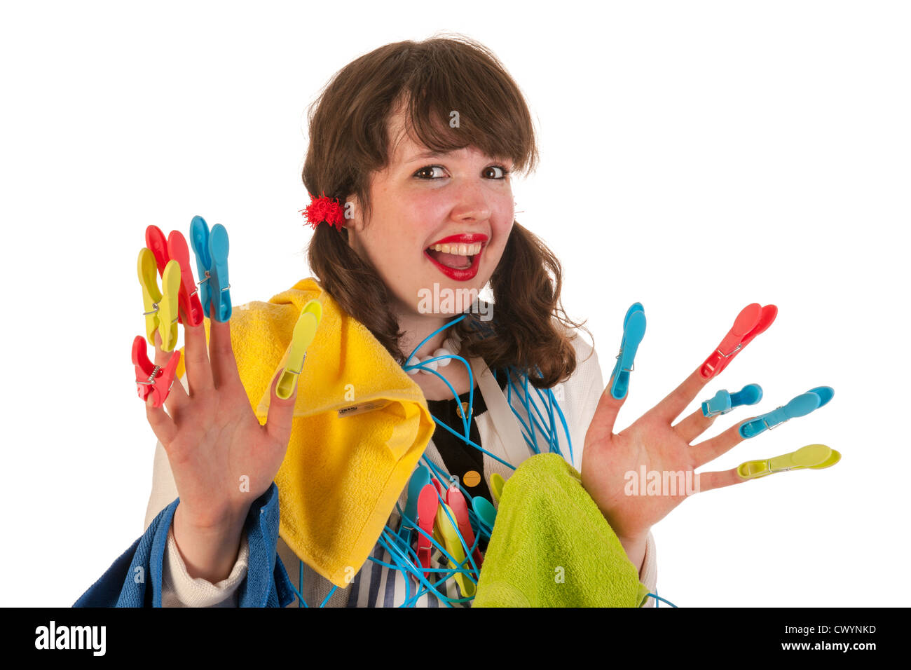 Young woman with clothes pins and line Stock Photo - Alamy
