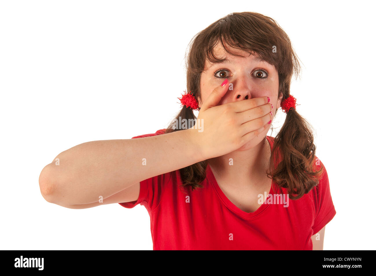 Portrait of a young teen girl in red having fear Stock Photo - Alamy