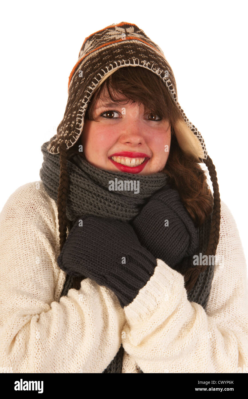 Winter girl with wool sweater ice cap and gloves Stock Photo - Alamy