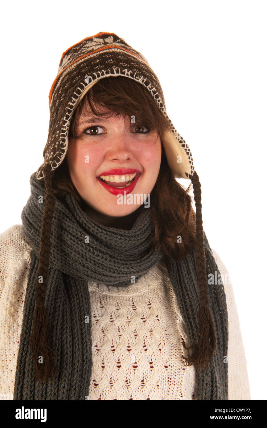 Winter girl with wool sweater ice cap and gloves Stock Photo - Alamy