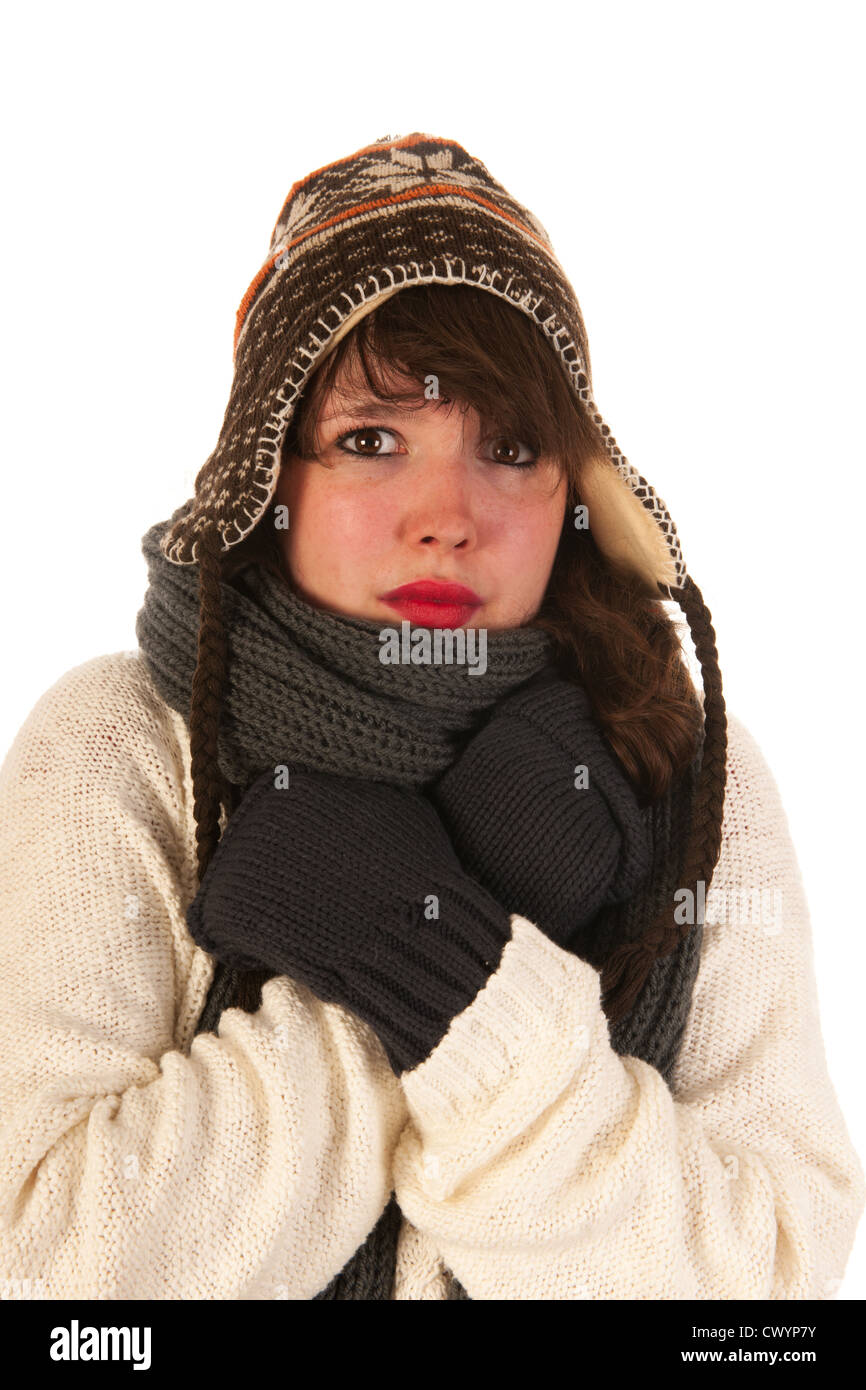 Winter girl with wool sweater ice cap and gloves Stock Photo - Alamy