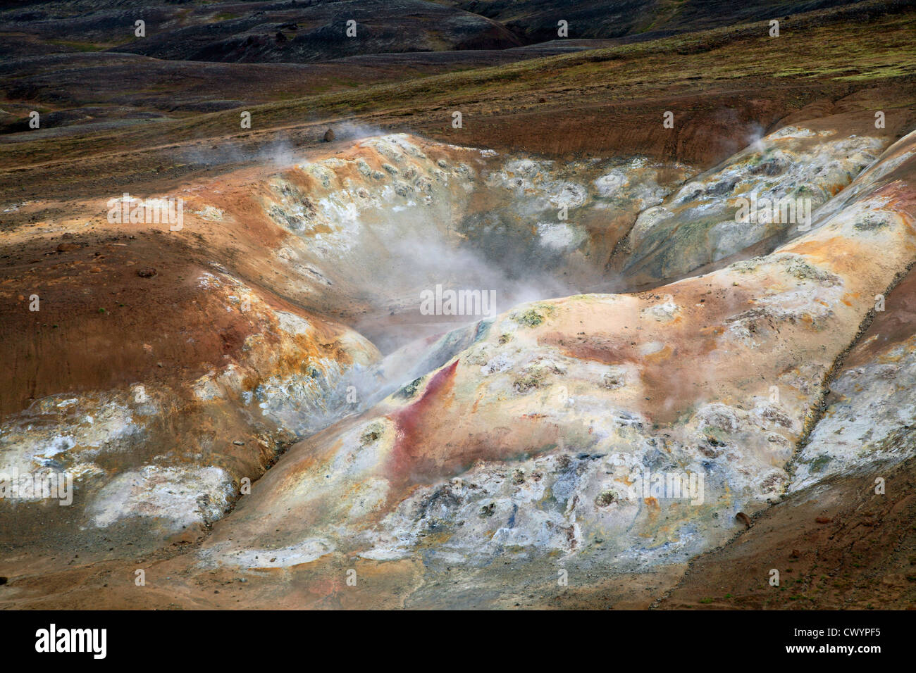 Steam above colorful sulfur field at the Krafla Vulcano at Lake Myvatn ...