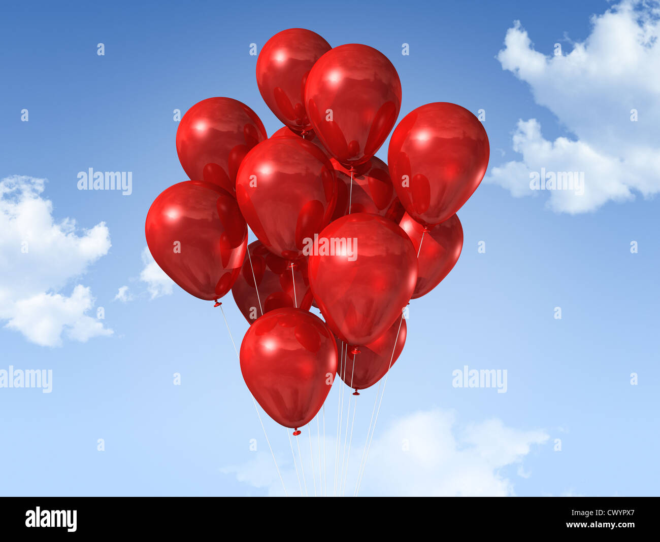 red air balloons floating on a blue sky Stock Photo - Alamy