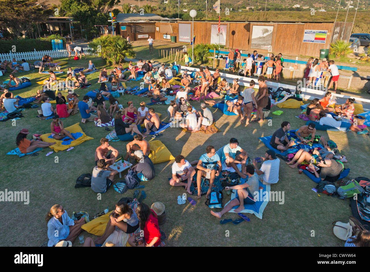 Crowd of people chilling out in Tarifa, Cadiz, Andalusia, Spain Stock ...