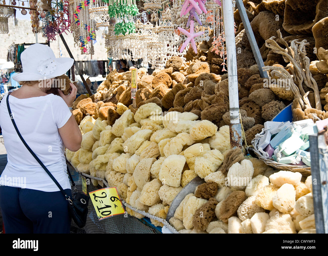 Market stall with sponges, Rhodes City, Rhodes, Dodecanes, Greece ...