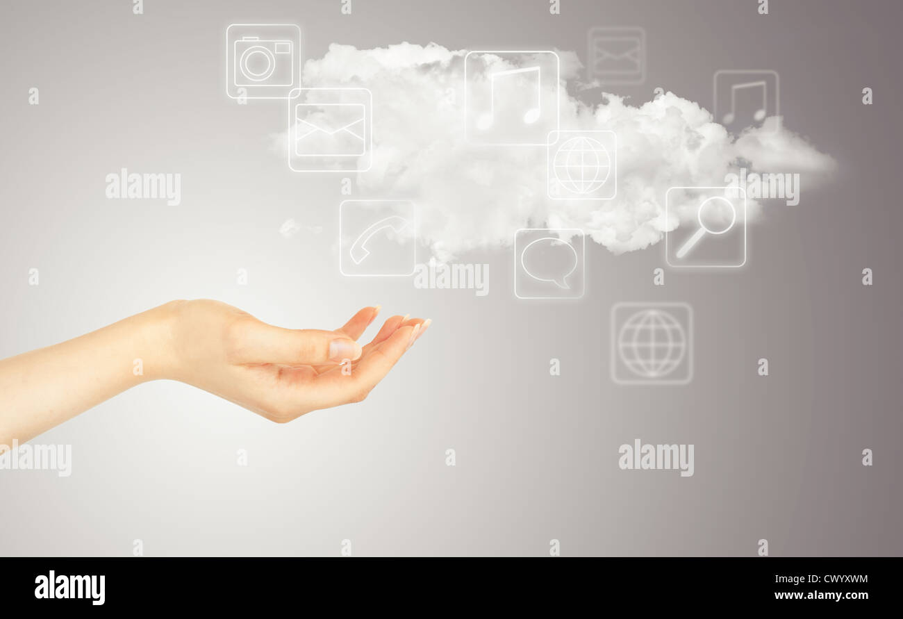 Hand, cloud and multimedia icons. Cloud computing concept - world wide ...