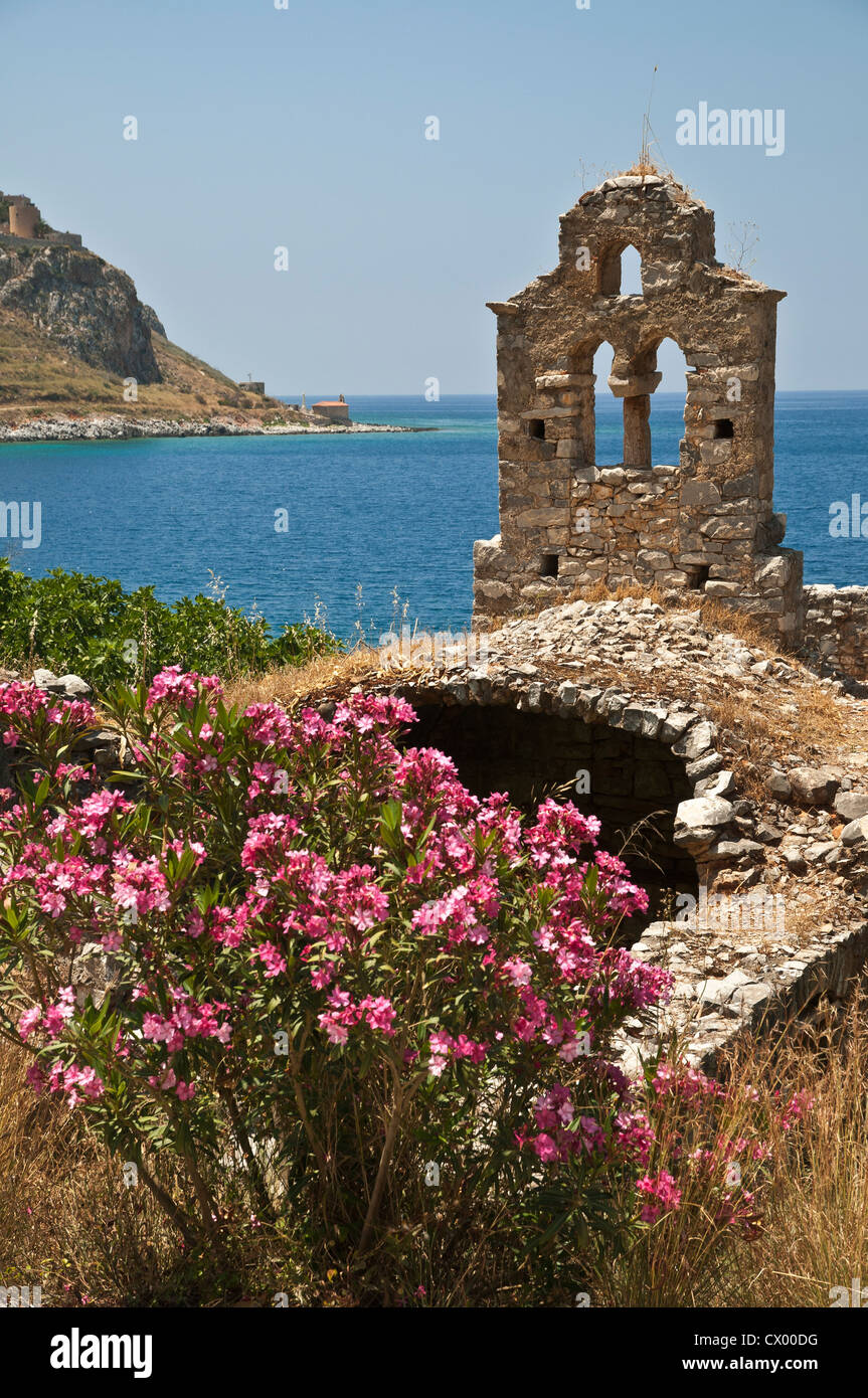 Ruined church on the coast at Limeni, in the Mani peninsular Messinia ...