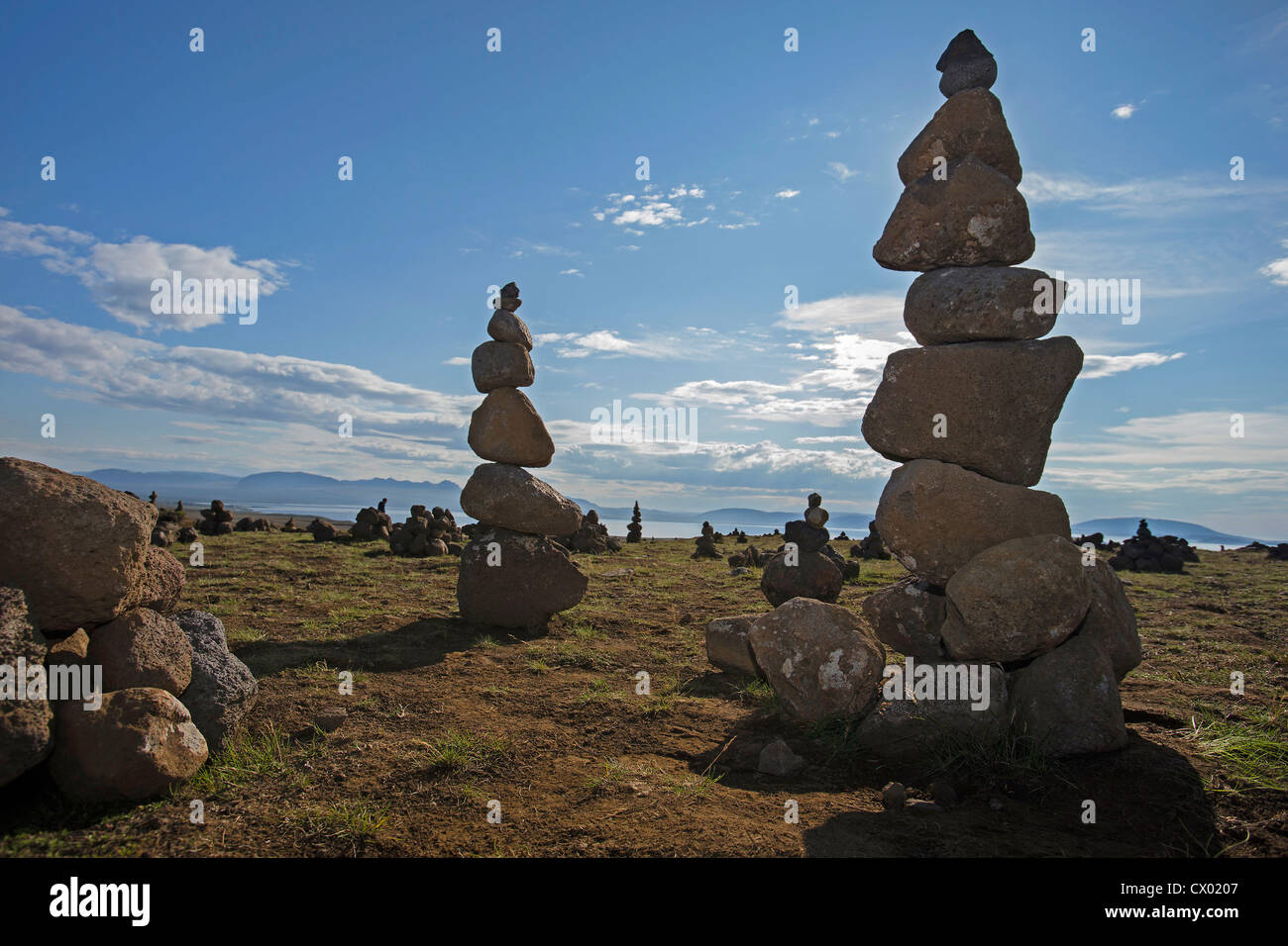 Stack of rocks (Cairns) on the summit of a hill, Iceland Stock Photo ...