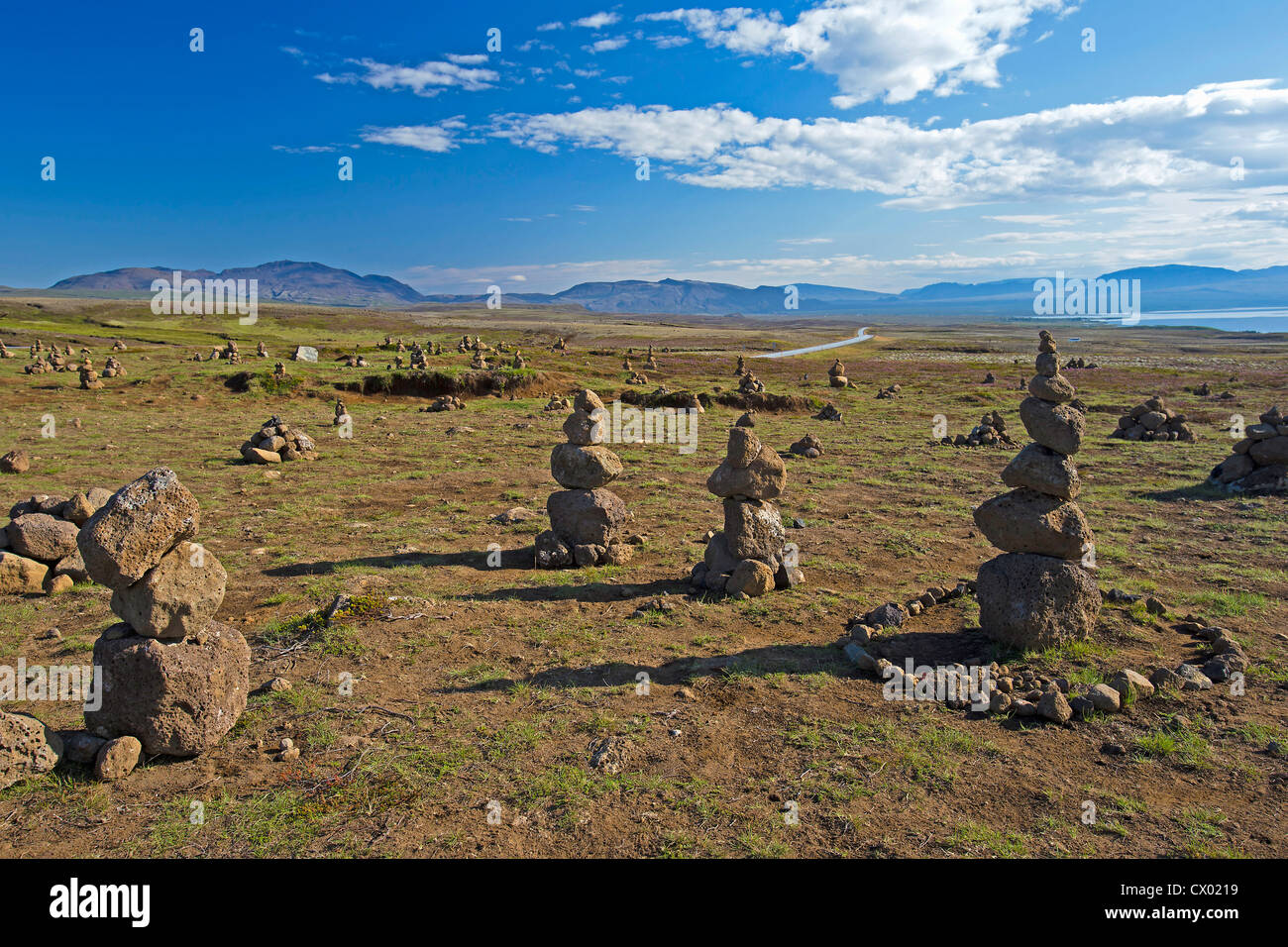 Stack of rocks (Cairns) on the summit of a hill, Iceland Stock Photo ...
