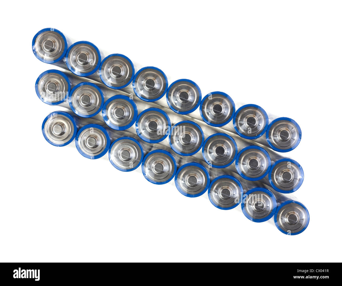 Three rows of new AA batteries in the plastic packaging on a white ...