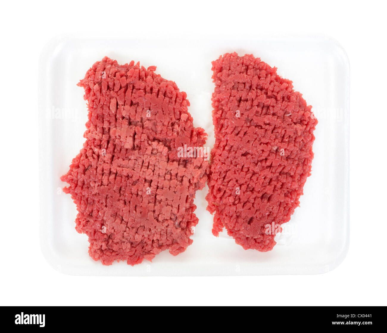 Two small raw beef cubed steaks on a white foam meat tray Stock Photo ...