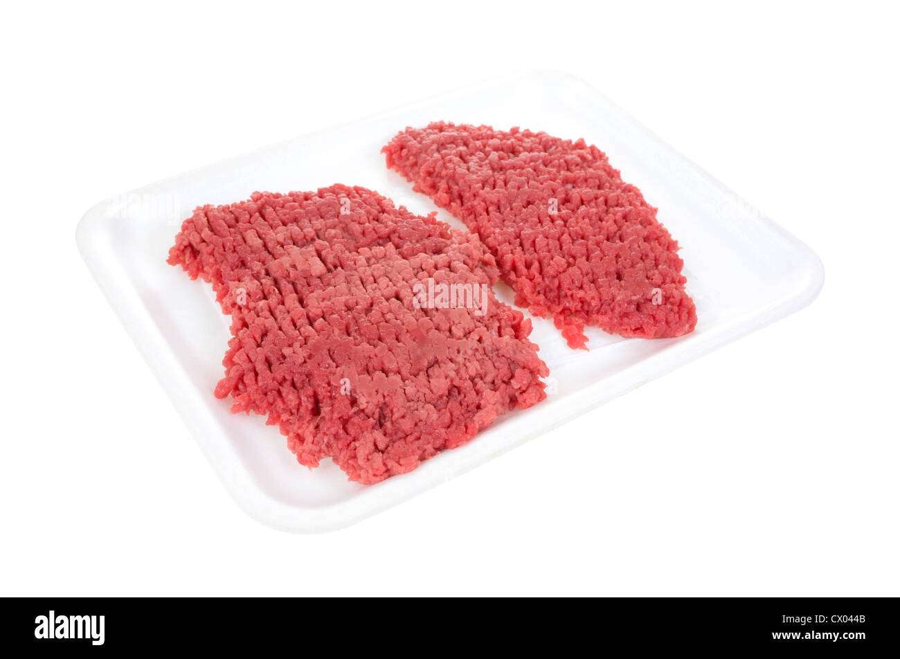 Two fresh raw beef cubed steaks on a white meat tray Stock Photo - Alamy