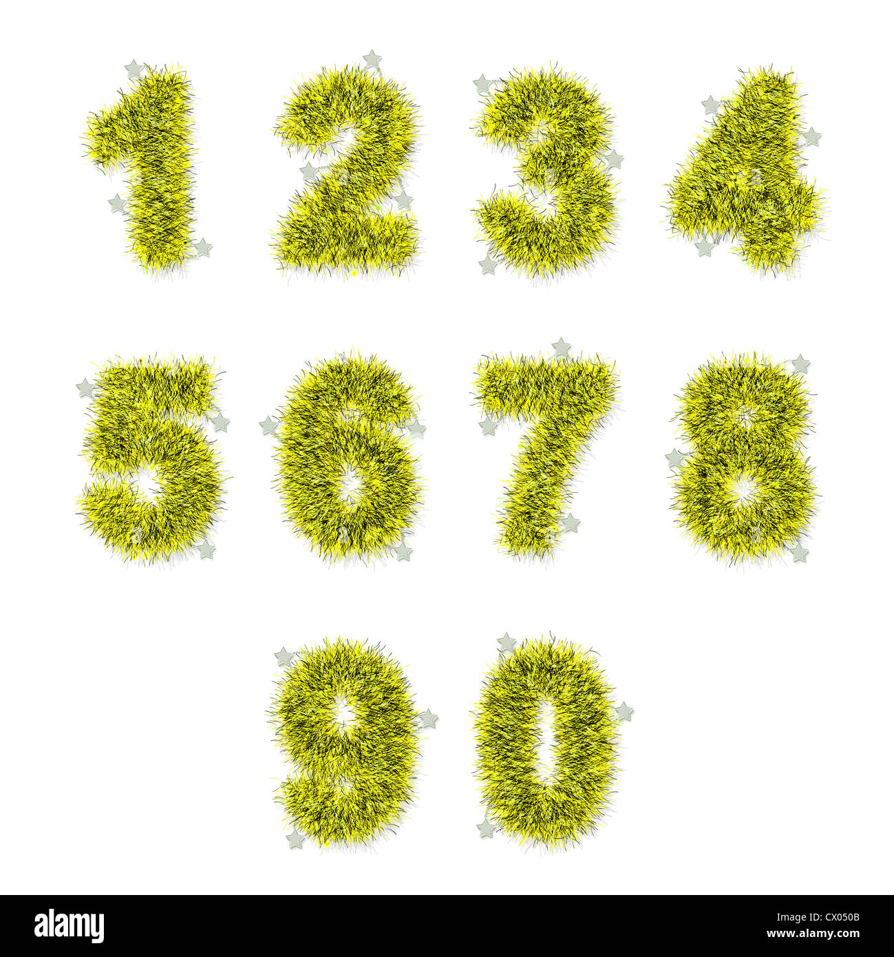 yellow tinsel digits with star on white background Stock Photo - Alamy