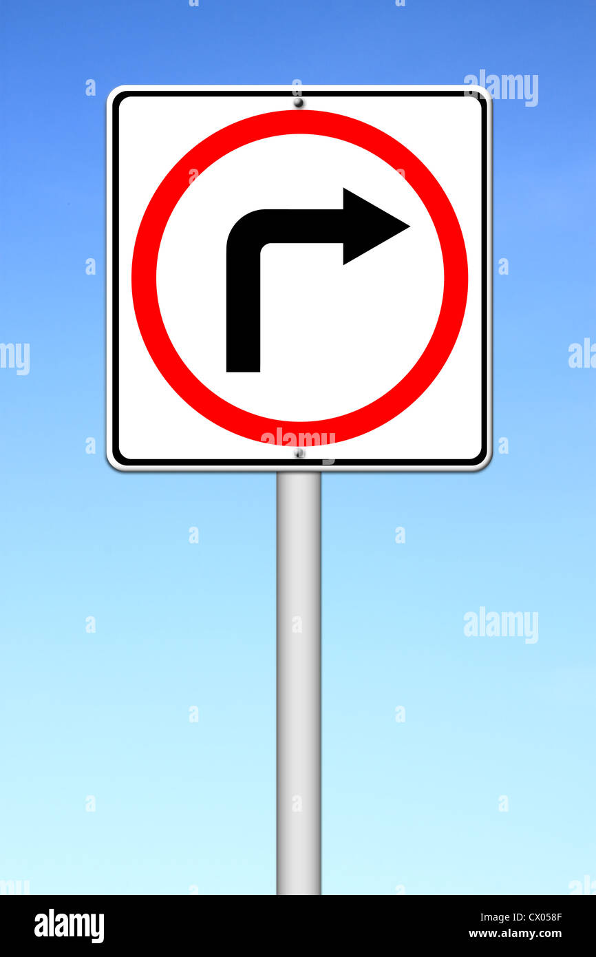 Traffic sign show the turn right over blue sky Stock Photo - Alamy