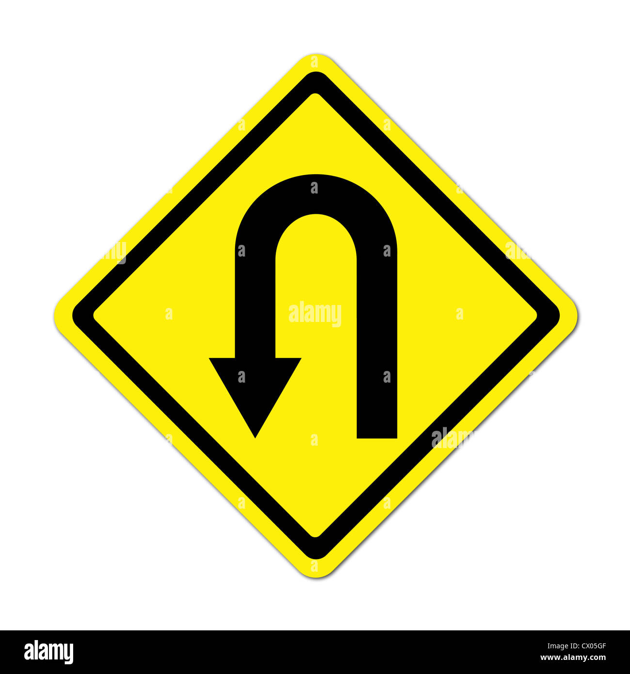 Yellow warning sign u-turn roadsign on white background Stock Photo - Alamy