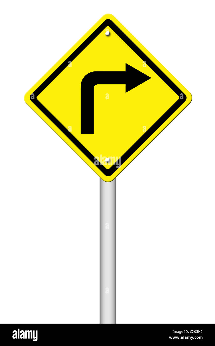 Road Sign - Right Turn Warning on white background Stock Photo - Alamy