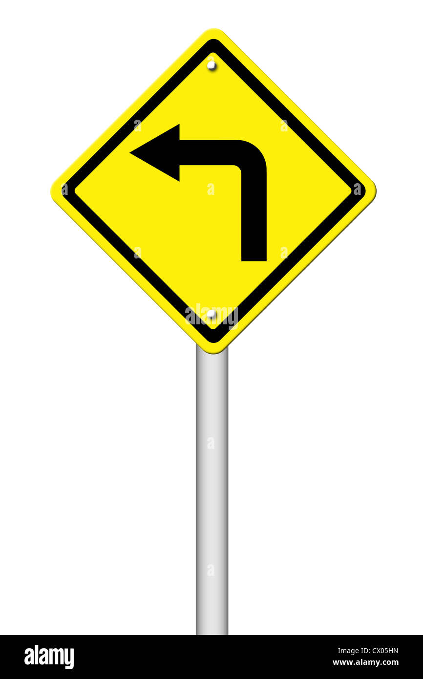 Road Sign - Left Turn Warning on white background Stock Photo - Alamy