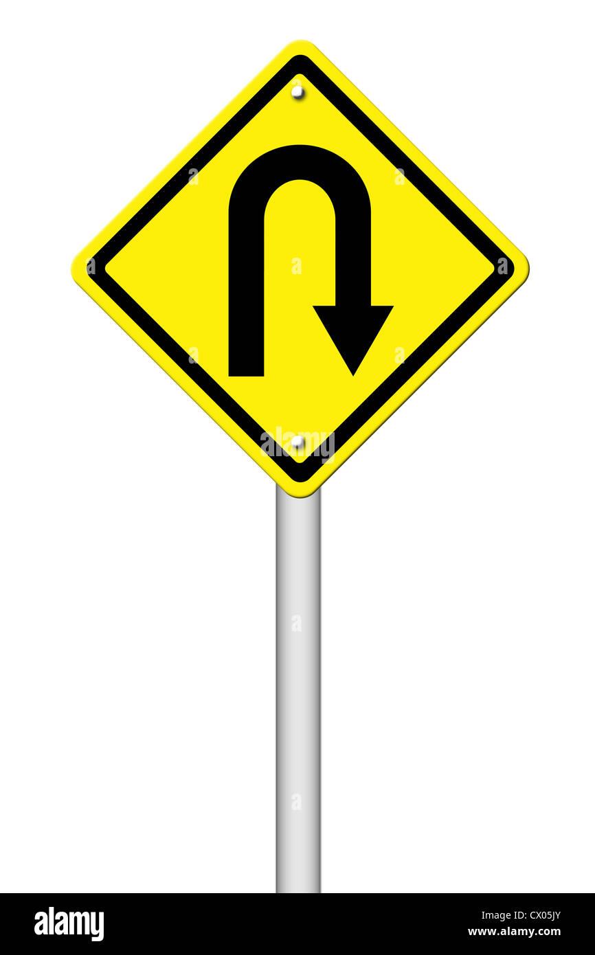 Yellow warning sign u-turn roadsign on white background Stock Photo - Alamy