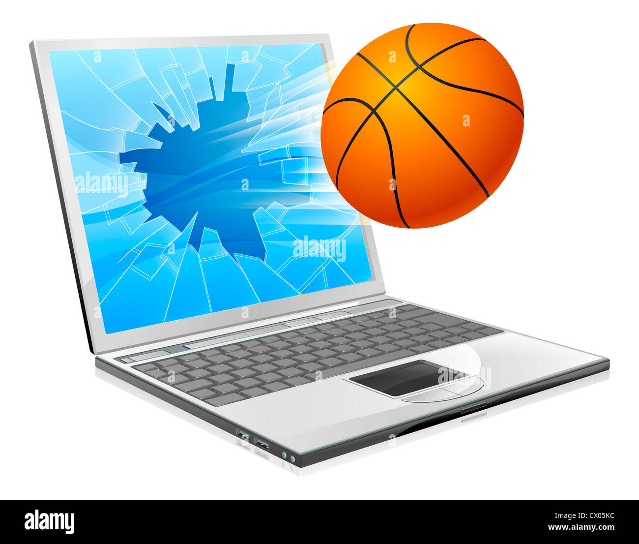 Illustration of a basketball ball flying out of a broken laptop ...