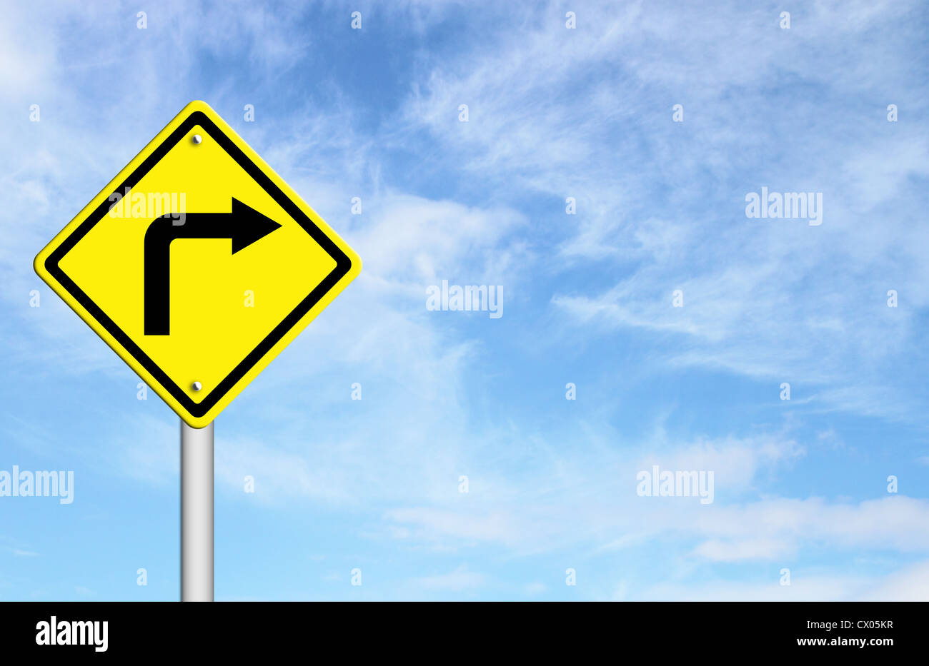 Road Sign - Right Turn Warning with blue sky blank for text Stock Photo ...