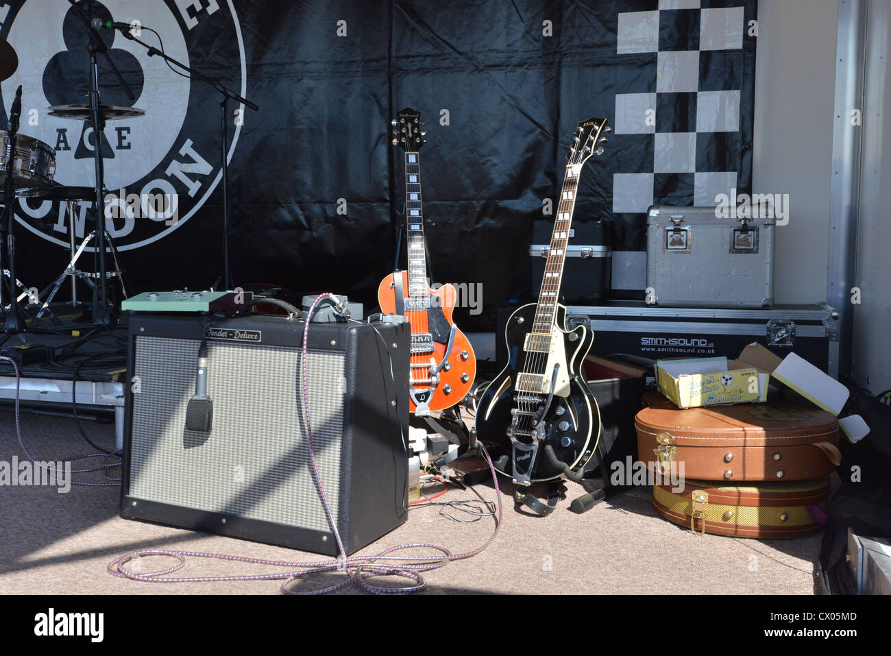 Musical instruments on a stage at Brighton Stock Photo - Alamy