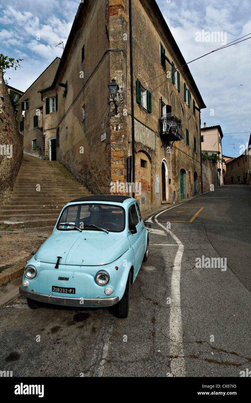 Old light blue Fiat 500 parked in street, Guardistallo Tuscany Italy ...