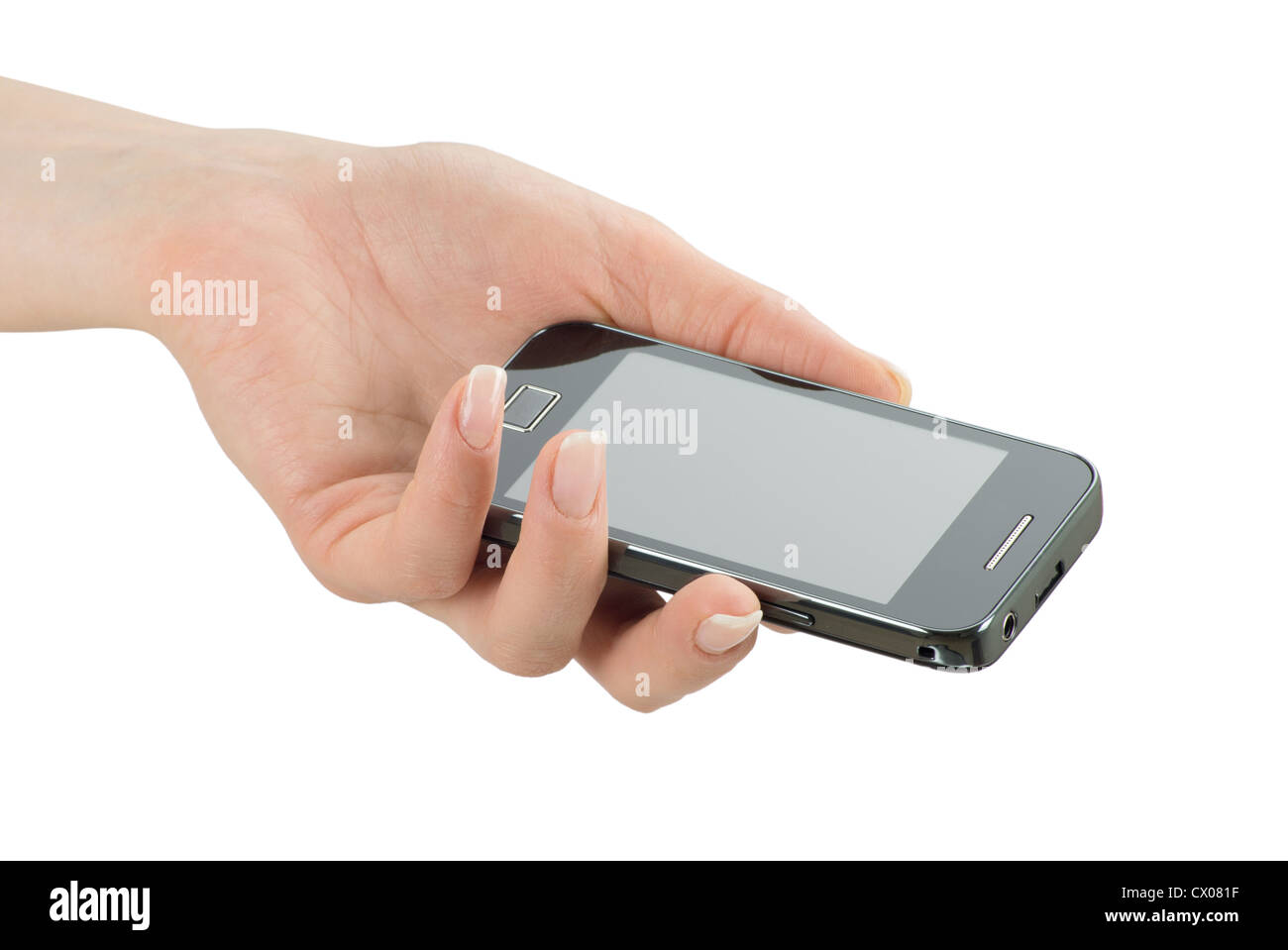 Hand holding mobile isolated on white Stock Photo - Alamy