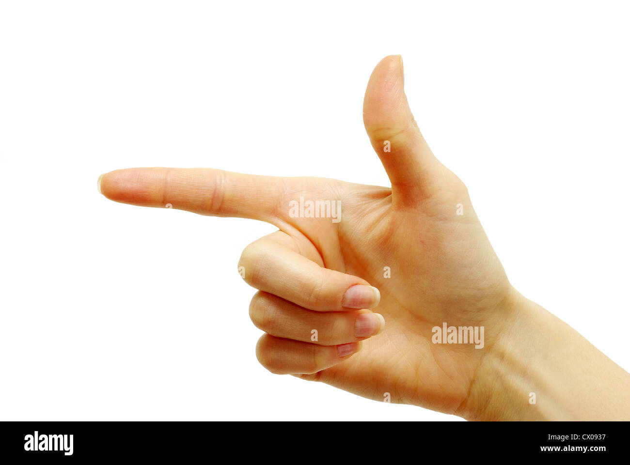 hand pointing with index finger against a white background Stock Photo ...