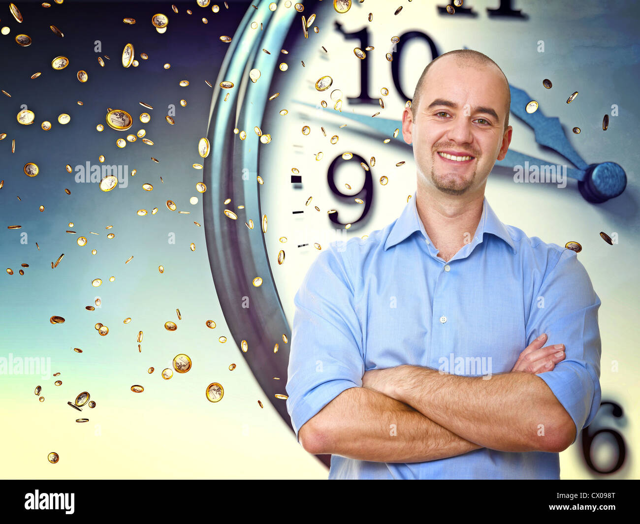 classic clock and euro coin rain background with man Stock Photo - Alamy