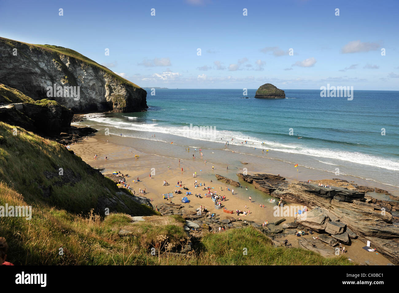 The beach at Trebarwith Strand with Gull Rock North Cornwall UK Stock ...