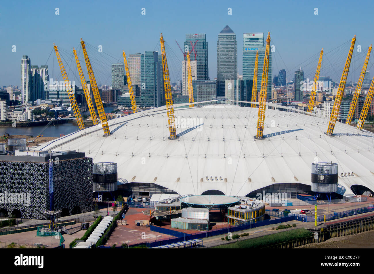 UK London with O2 Arena and Canary Wharf from high elevation Stock ...