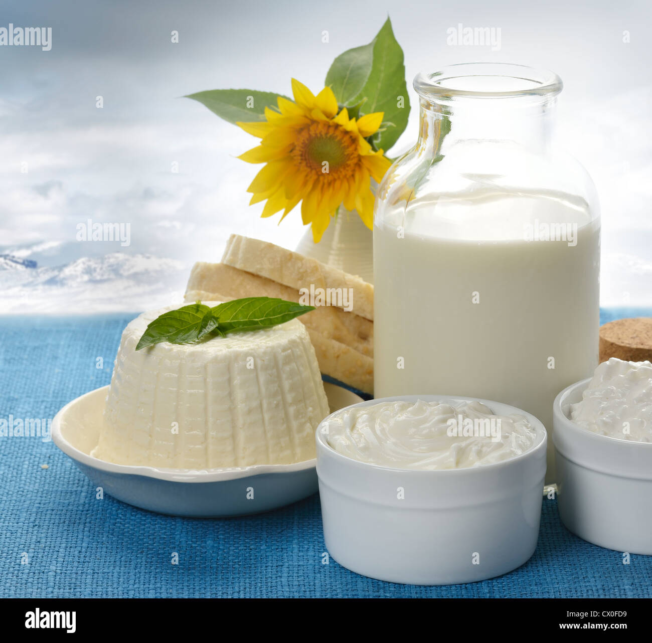 Dairy Products On Nature Background Stock Photo - Alamy