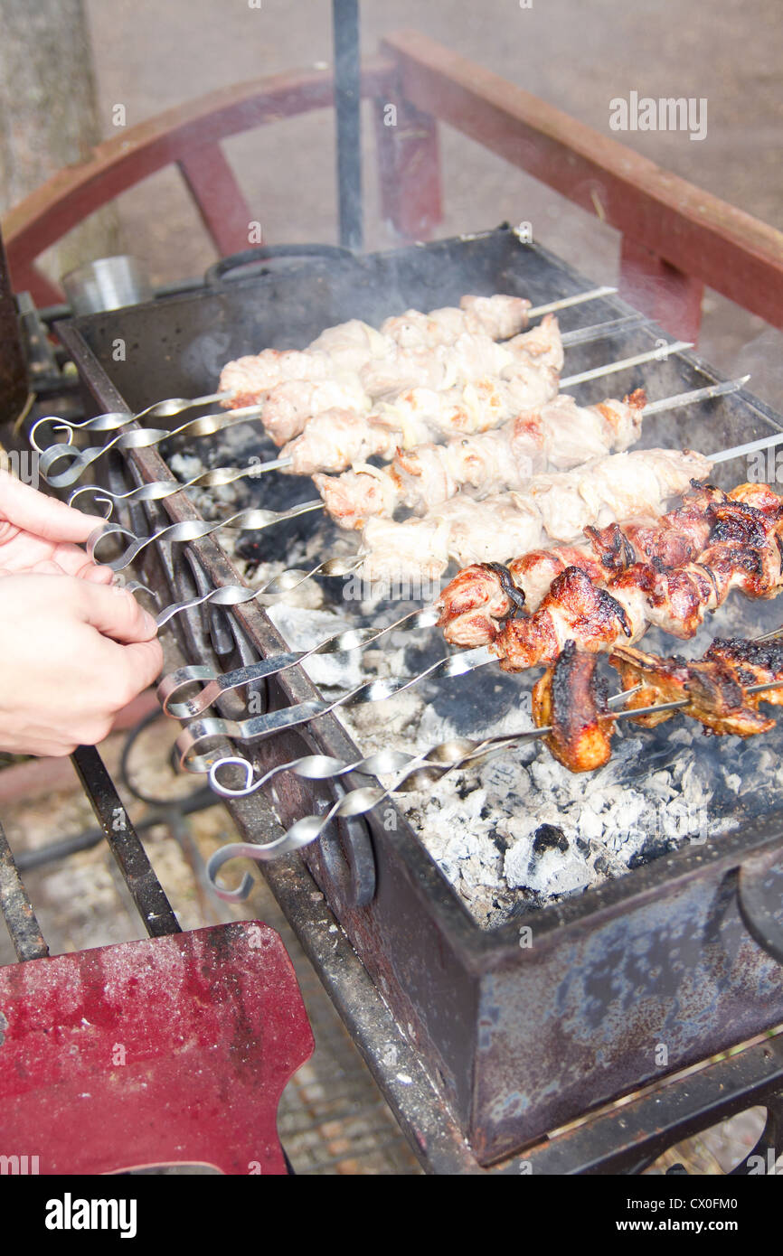 Process of cooking meat on barbecue, hand turning skewer Stock Photo ...