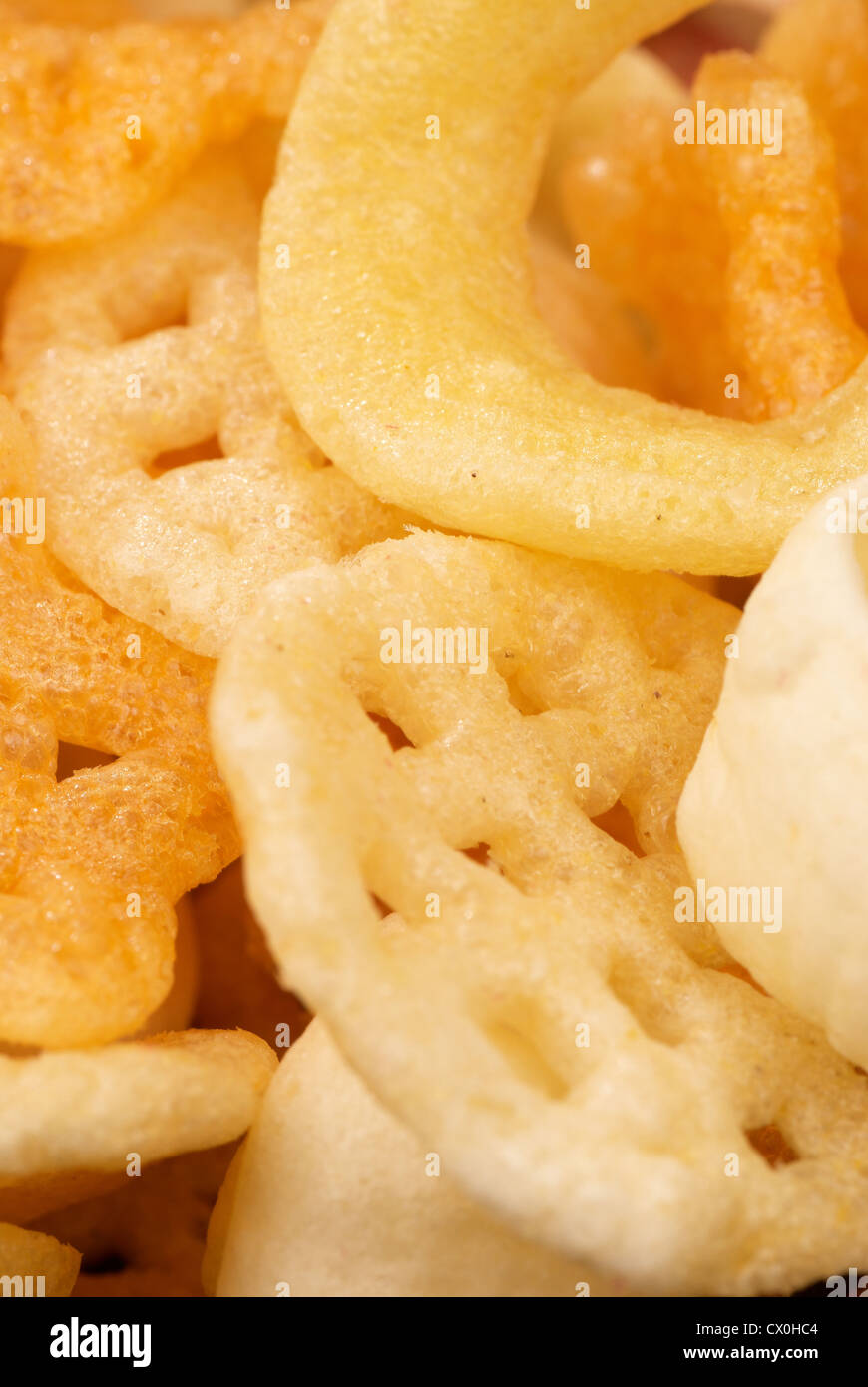 Assortment of potato, rice and maize crackers, food background Stock ...
