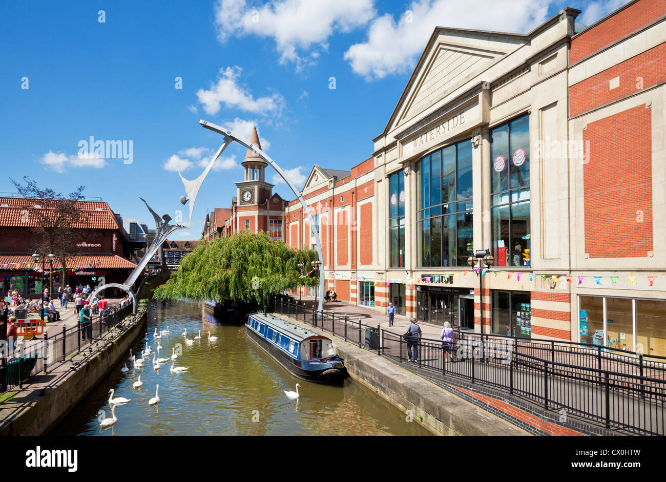 Waterside shopping centre and narrowboat on the river Witham Lincoln ...