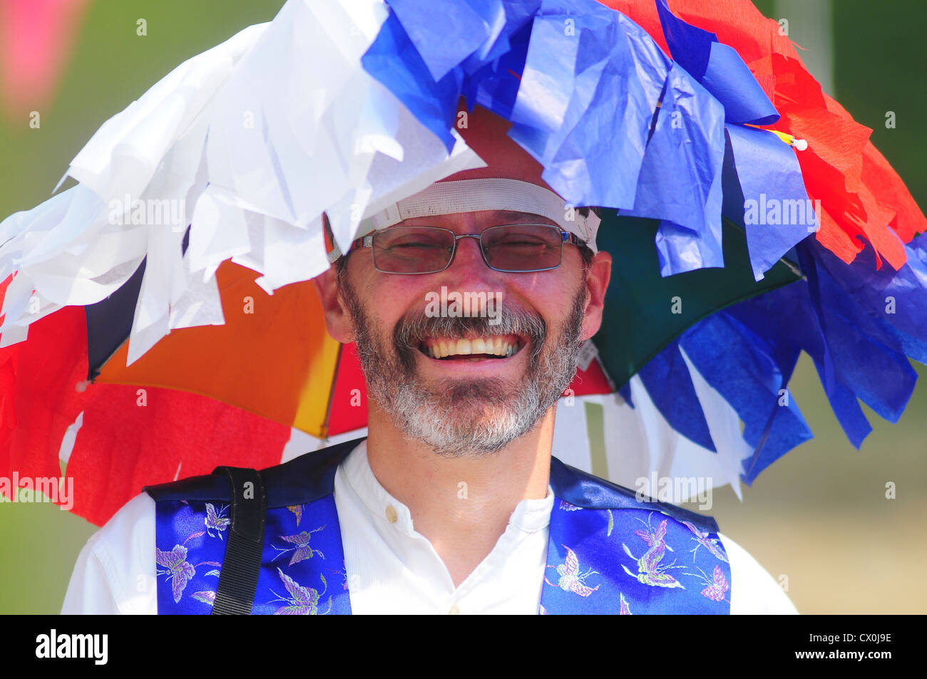 A man wearing a home-made union jack hat UK Stock Photo - Alamy