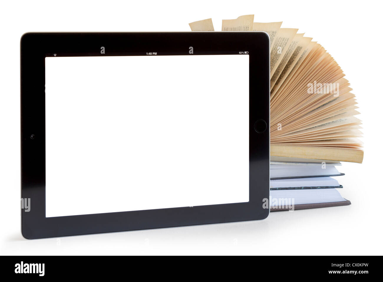 Books and iPad like tablet computer isolated on white, digital library ...